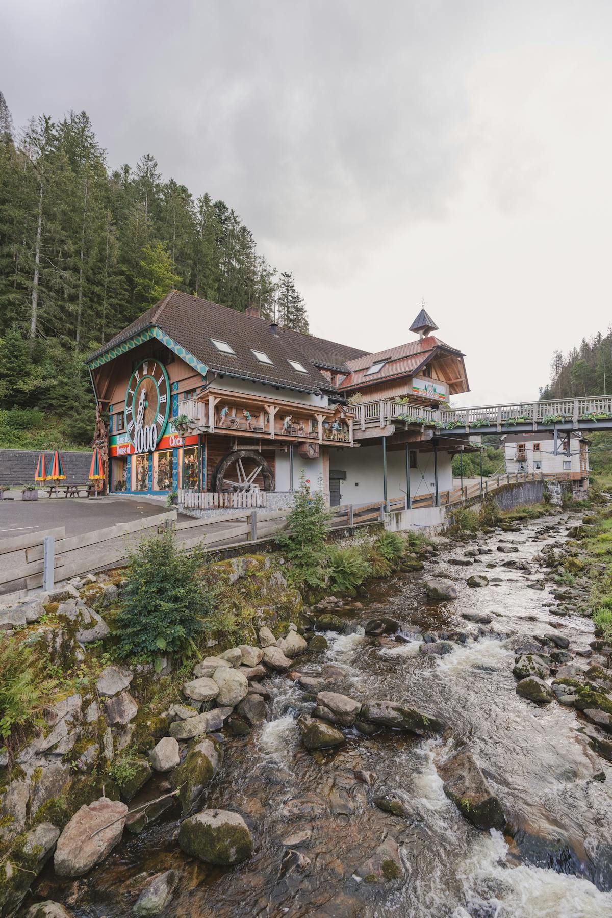 Scenic view of traditional German building by a flowing river with lush forest backdrop