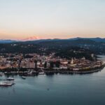 Aerial view of Lake Maggiore surrounded by the Italian Alps
