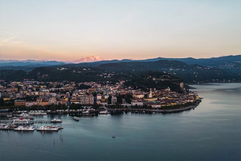 Aerial view of Lake Maggiore surrounded by the Italian Alps