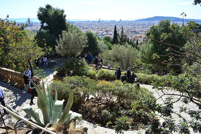 Barcelona city skyline and Mediterranean Sea viewed from Park Guell