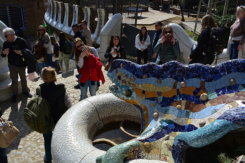 El Drac the mosaic dragon salamander sculpture on the main staircase of Park Guell