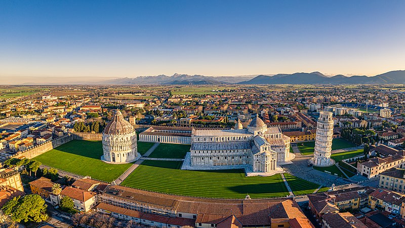 Aerial panoramic view of Piazza dei Miracoli showing the Tower Cathedral Baptistery and Camposanto