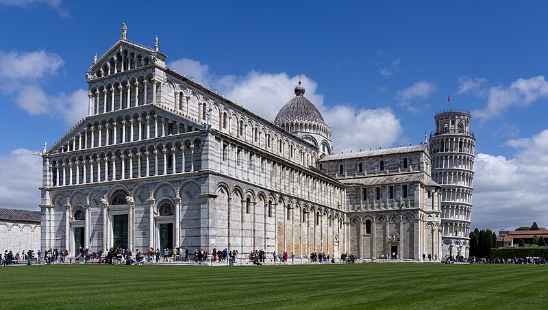 Wide view of Piazza dei Miracoli showing the Leaning Tower Cathedral and Baptistery together