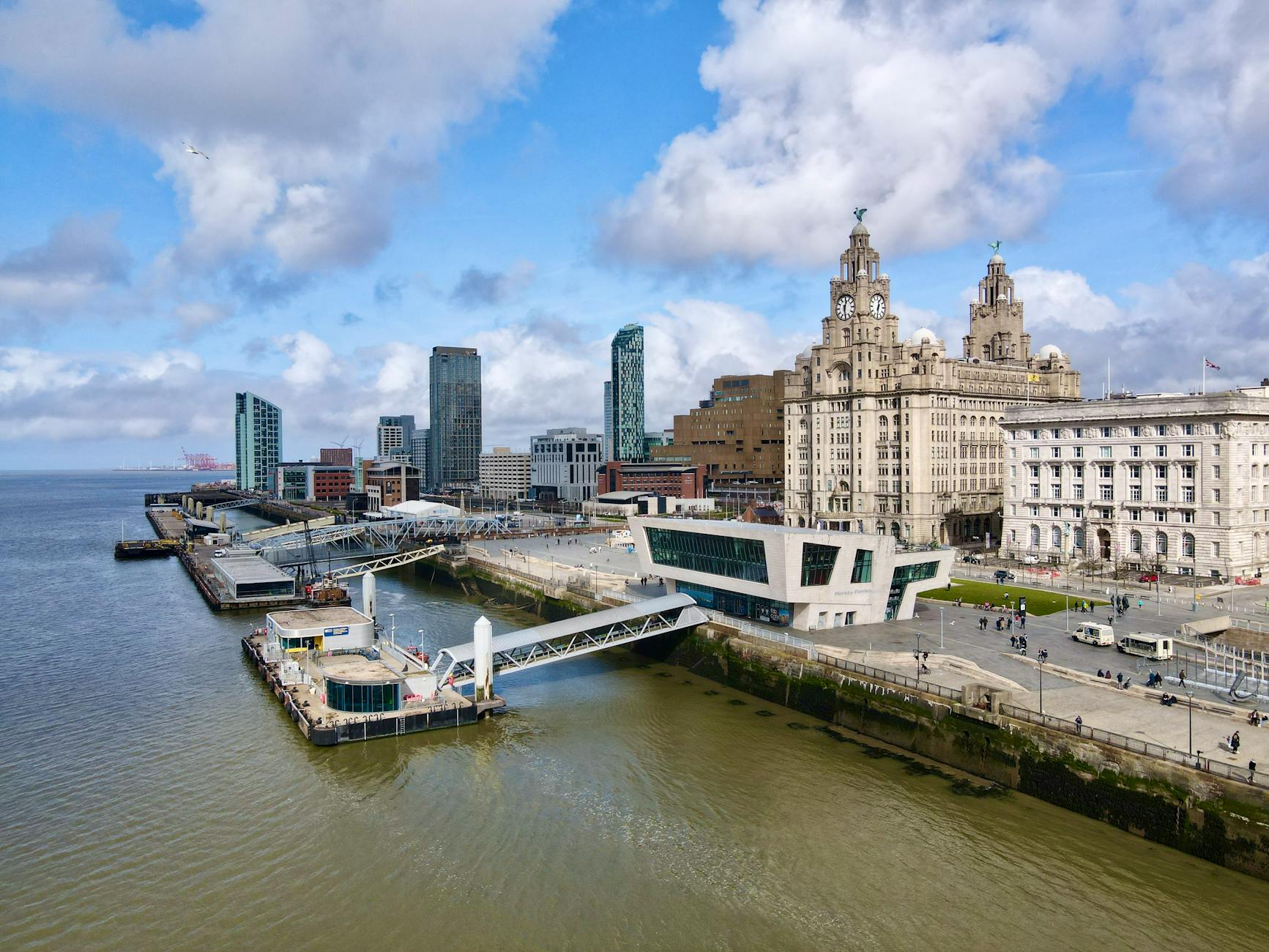 Aerial view of Liverpool iconic Three Graces buildings at Pier Head waterfront