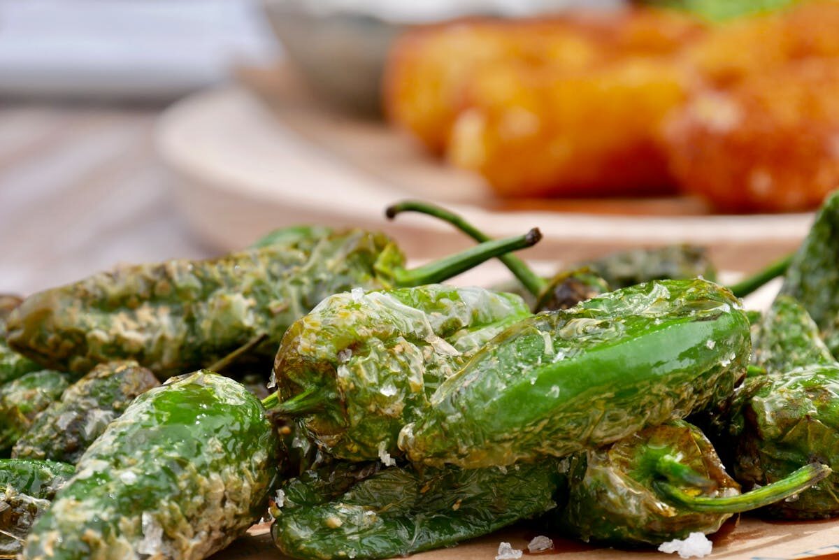 Blistered pimientos de padron peppers sprinkled with coarse sea salt on a plate