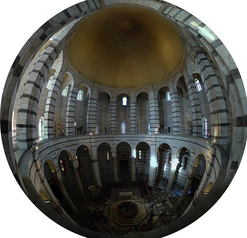 Interior fisheye view looking up at the dome of the Pisa Baptistery
