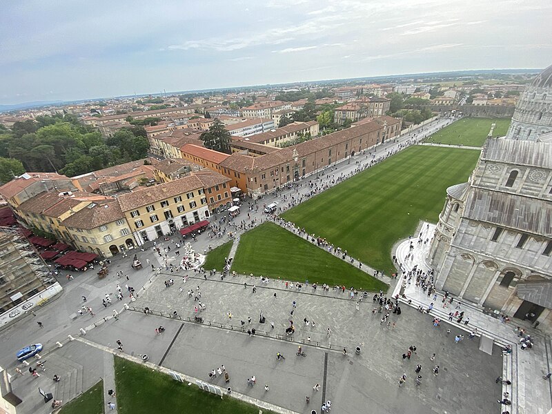 Panoramic view of Pisa from the top of the Leaning Tower showing the Cathedral and city