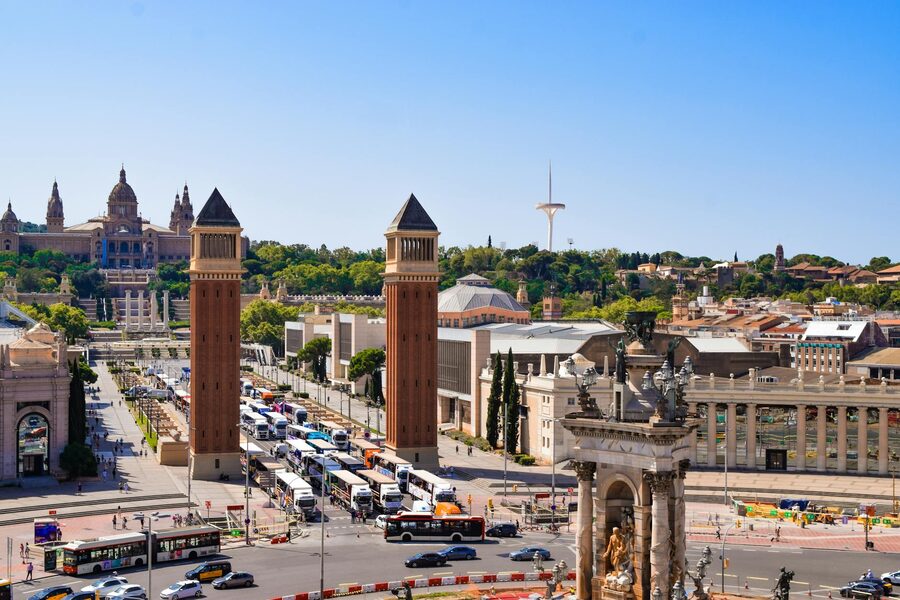 Aerial shot of Placa dEspanya in Barcelona with iconic architecture