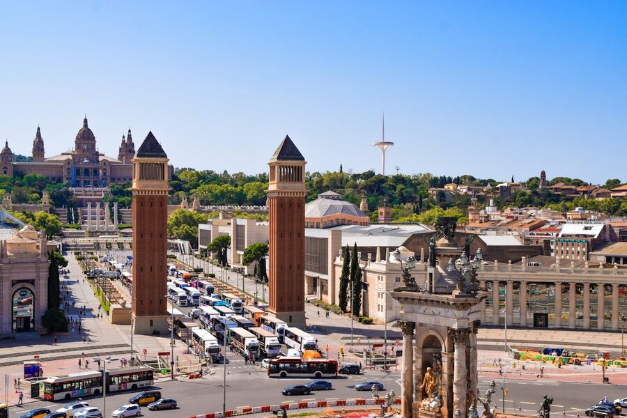 Aerial shot of Placa Espanya in Barcelona featuring iconic architecture
