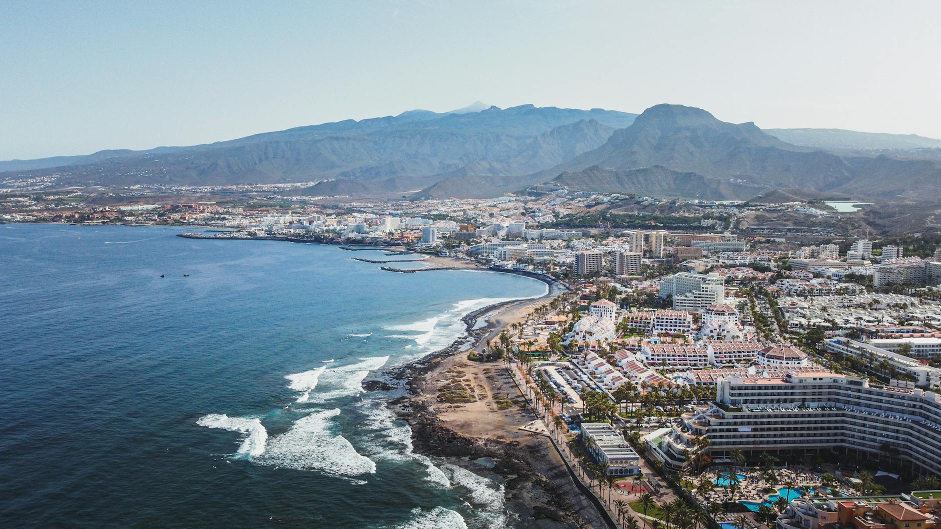Aerial view of Arona coastline in Tenerife Spain