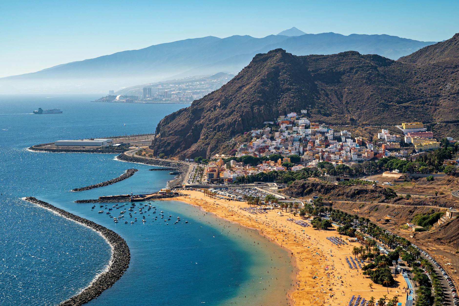 Aerial view of Playa de Las Teresitas in Tenerife with mountains