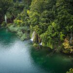 Aerial view of waterfalls and turquoise water at Plitvice Lakes National Park Croatia