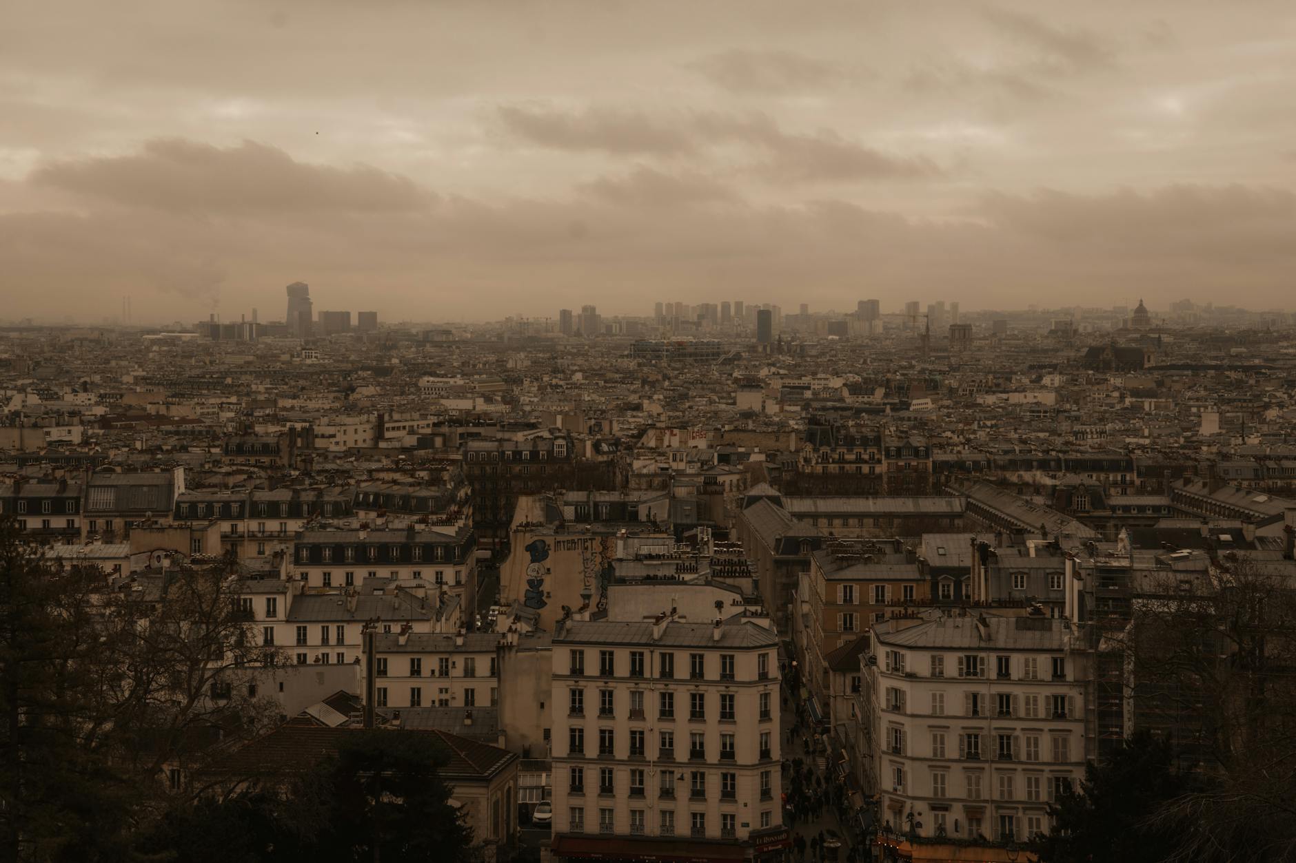 Paris rooftops seen from Montmartre on an overcast day