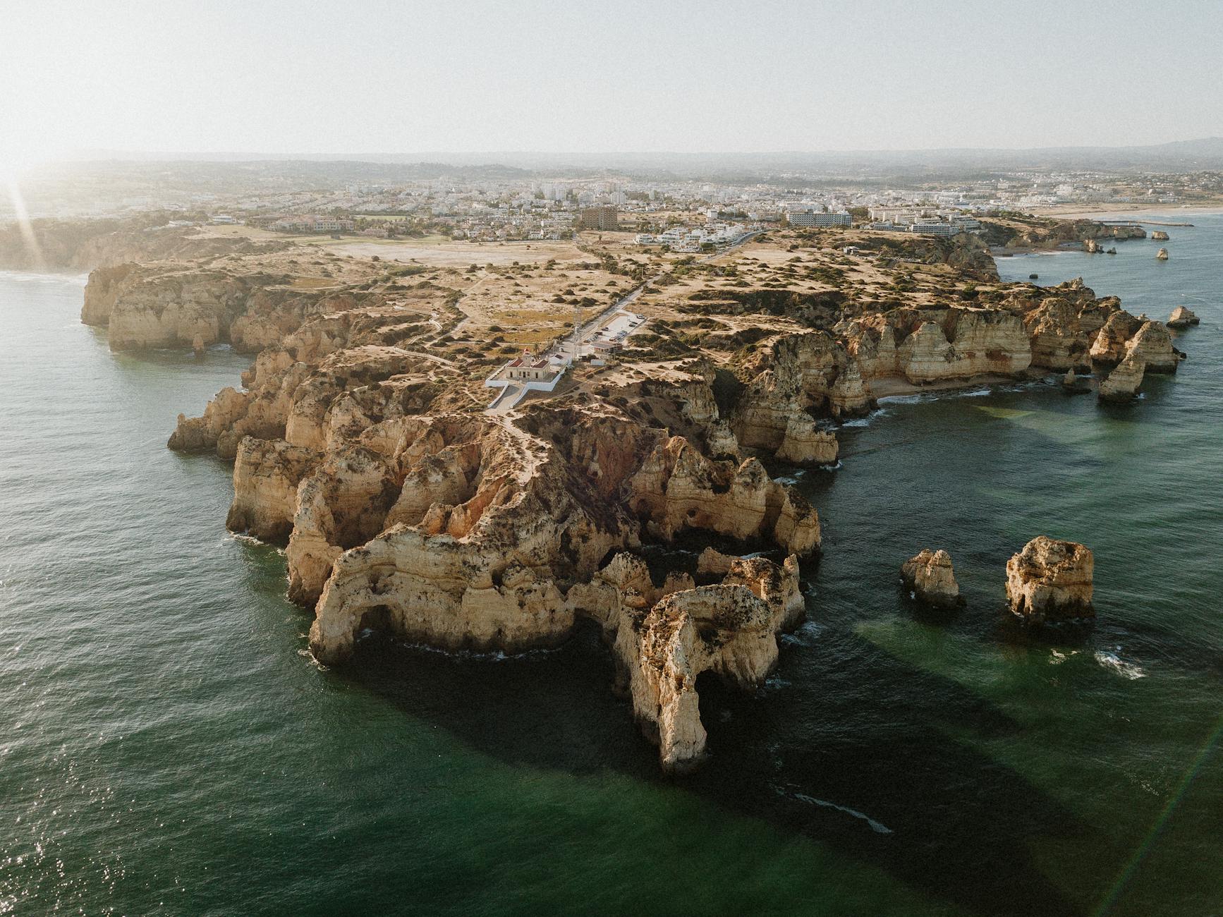 Aerial view of Ponta da Piedade cliffs and coastline Lagos