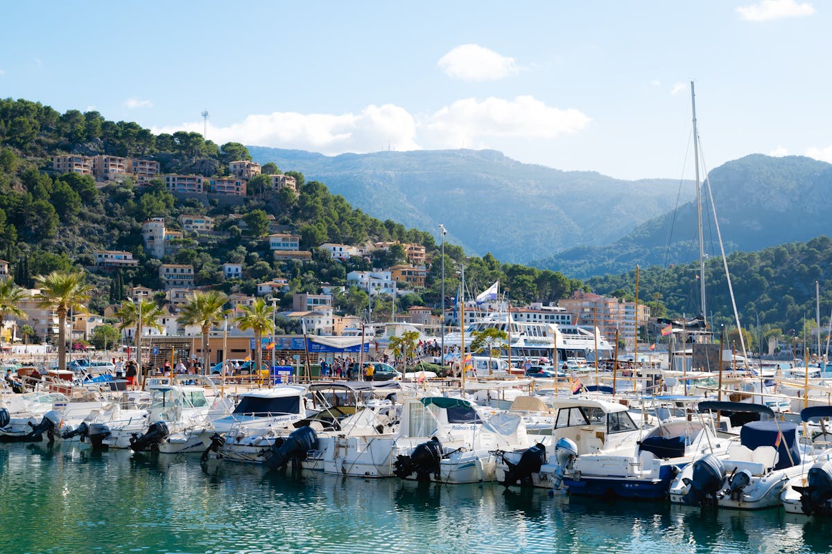 Colorful marina at Port de Soller with boats docked and hillside houses in background