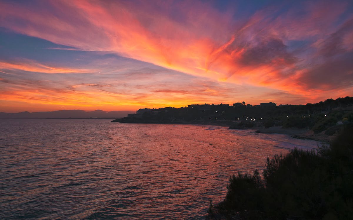 Sunset view over the Mediterranean coastline at Salou, Spain near PortAventura
