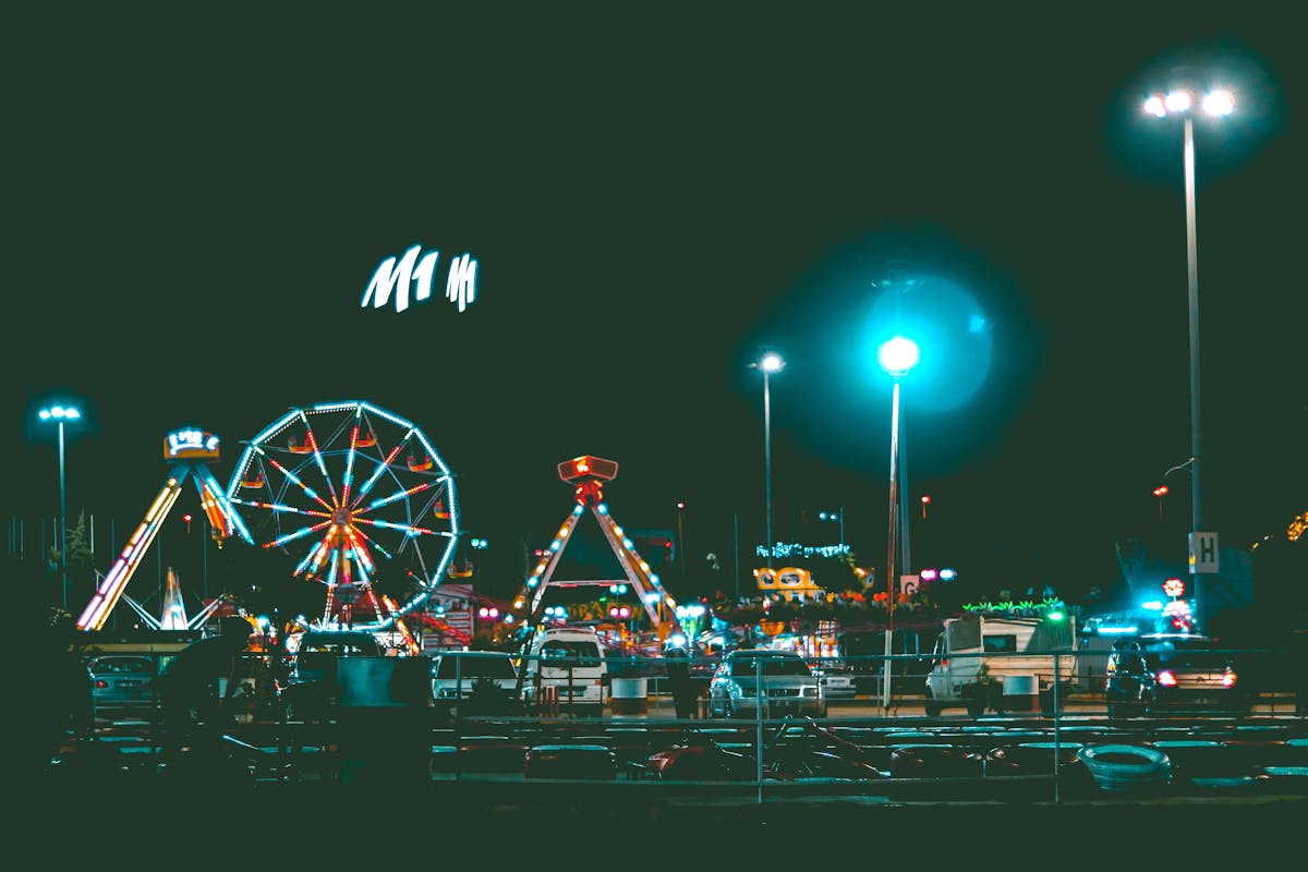 Amusement park with rides illuminated at night including a ferris wheel