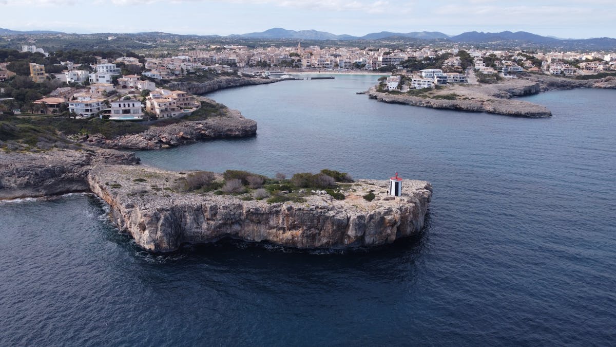 Aerial view of Porto Cristo harbour and coastline in Mallorca