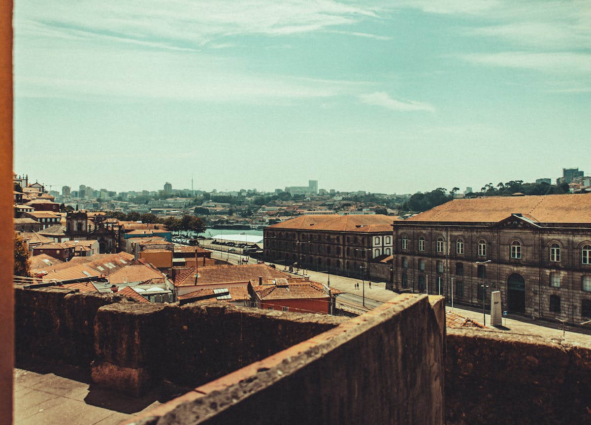View over Porto historic buildings and terracotta rooftops under a clear sky