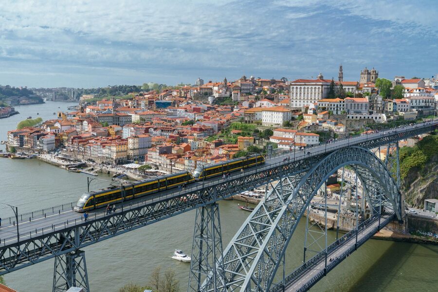 Aerial view of the Luis I Bridge over the Douro River in Porto Portugal