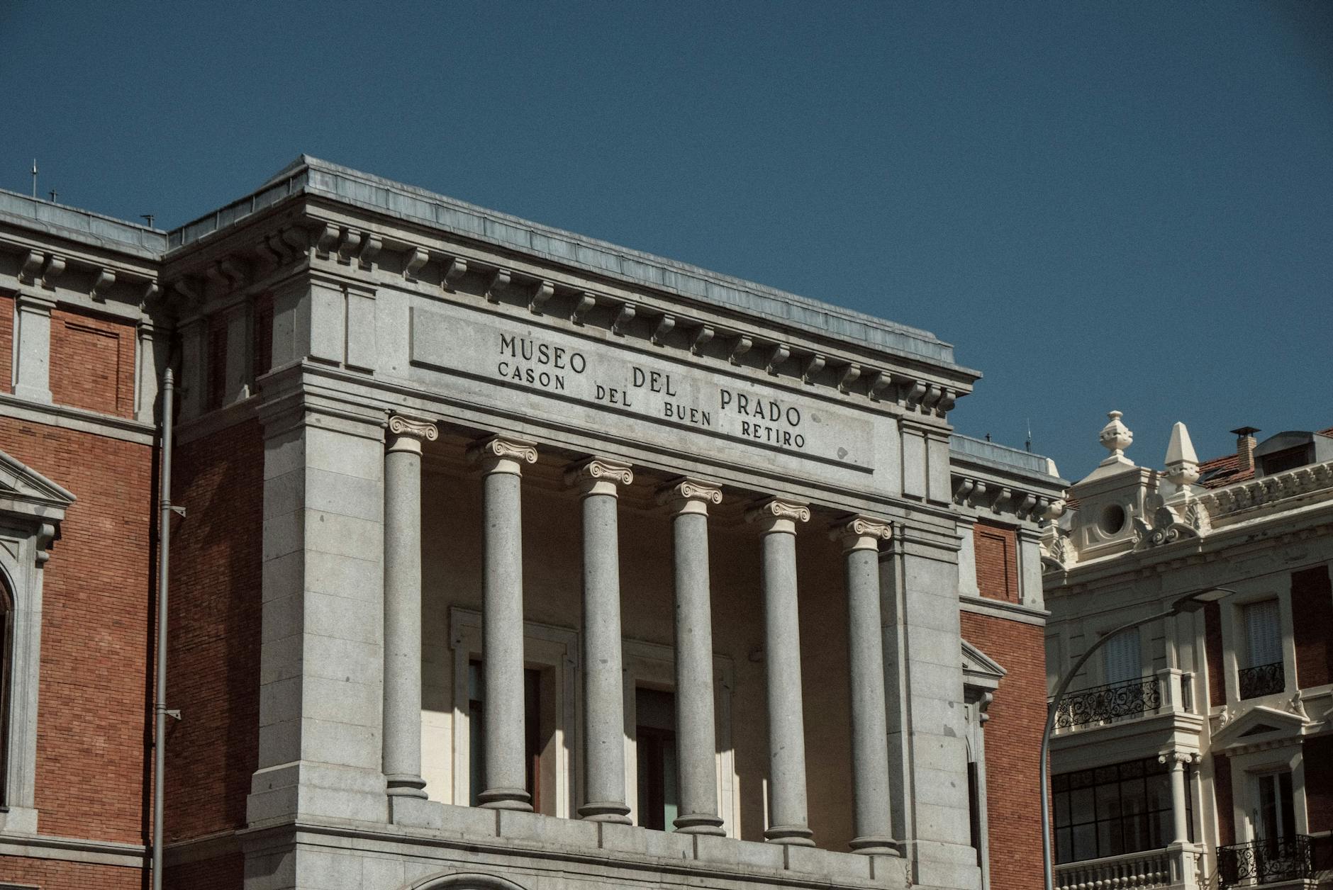 Neoclassical facade of the Cason del Buen Retiro building, part of the Museo del Prado complex in Madrid