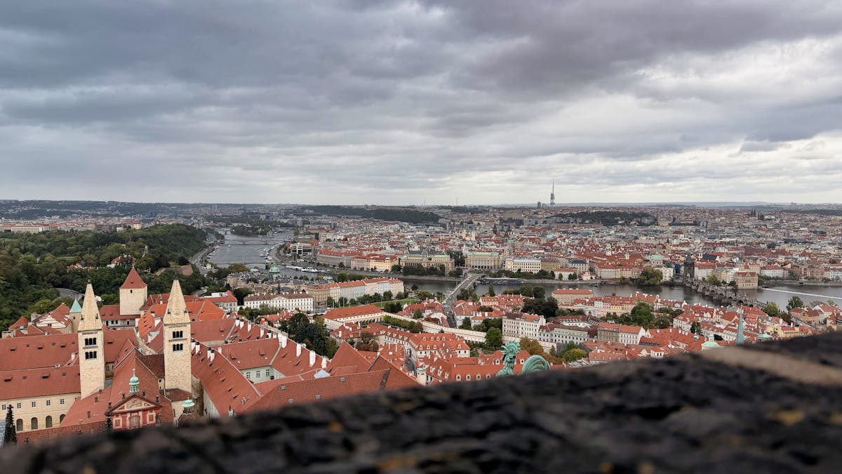 Stunning aerial view of Prague historic architecture and the Vltava River