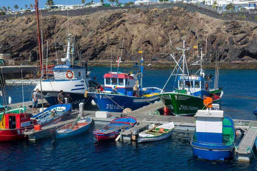 Colorful fishing boats docked at Puerto del Carmen marina with rocky cliff backdrop in Lanzarote