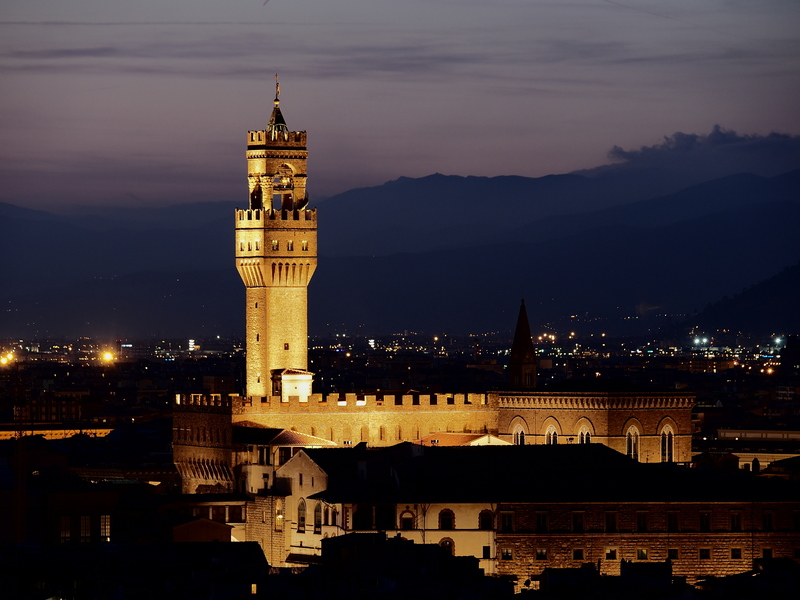Palazzo Vecchio illuminated at night in Florence