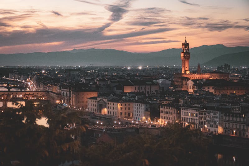 Stunning sunset view of Florence skyline with Palazzo Vecchio