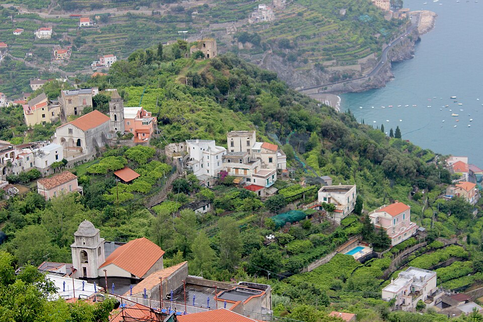 Ornate gardens and historic architecture of Villa Rufolo in Ravello with coastal views
