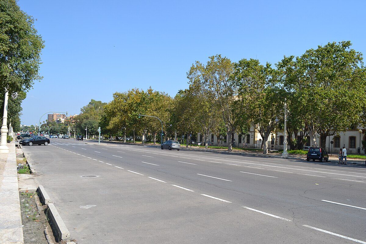 The historic Alameda Gardens promenade in Valencia with tall trees and wide walkway