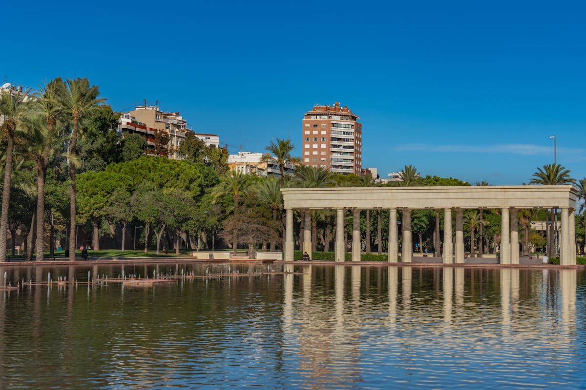 Turia Gardens Valencia with modern architecture and green paths along the former riverbed
