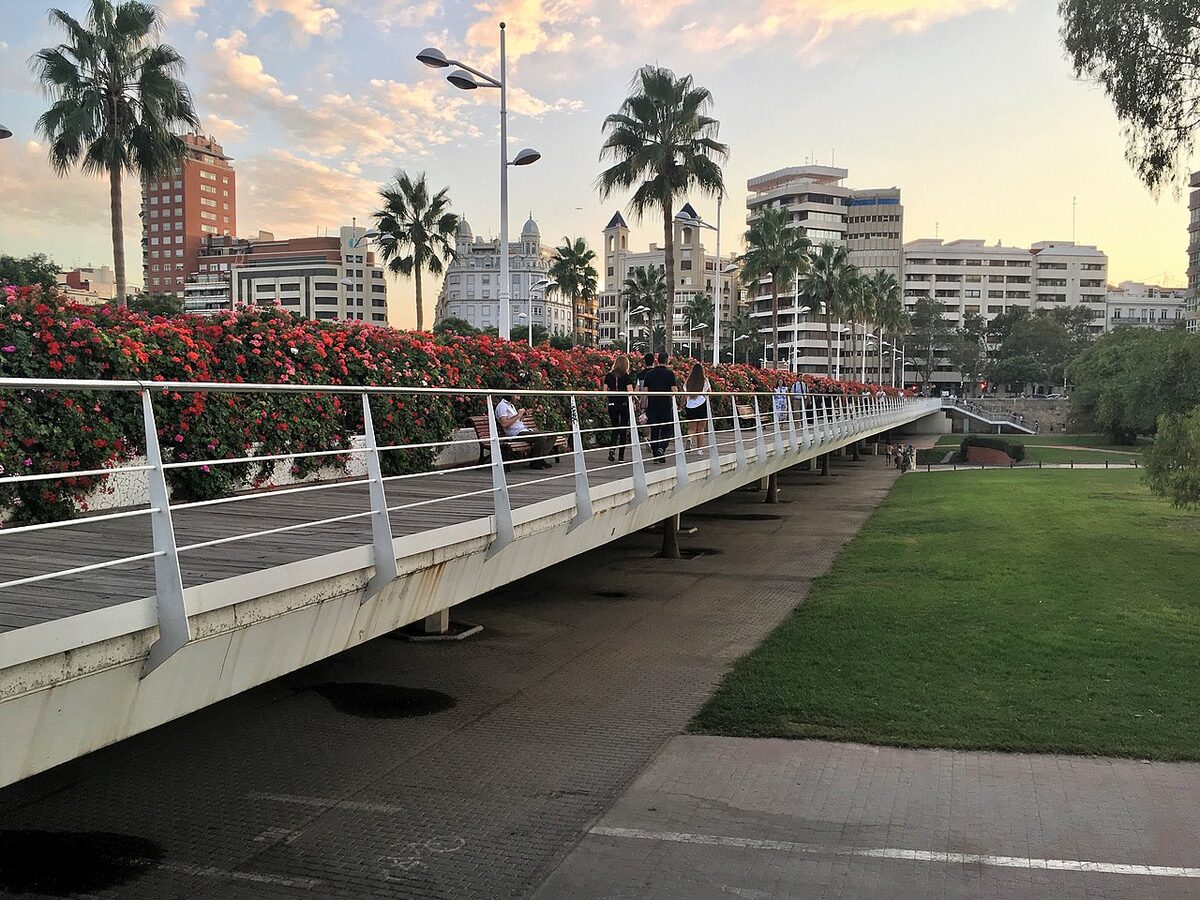 Puente de las Flores Bridge of Flowers covered in flowers crossing Turia Gardens Valencia