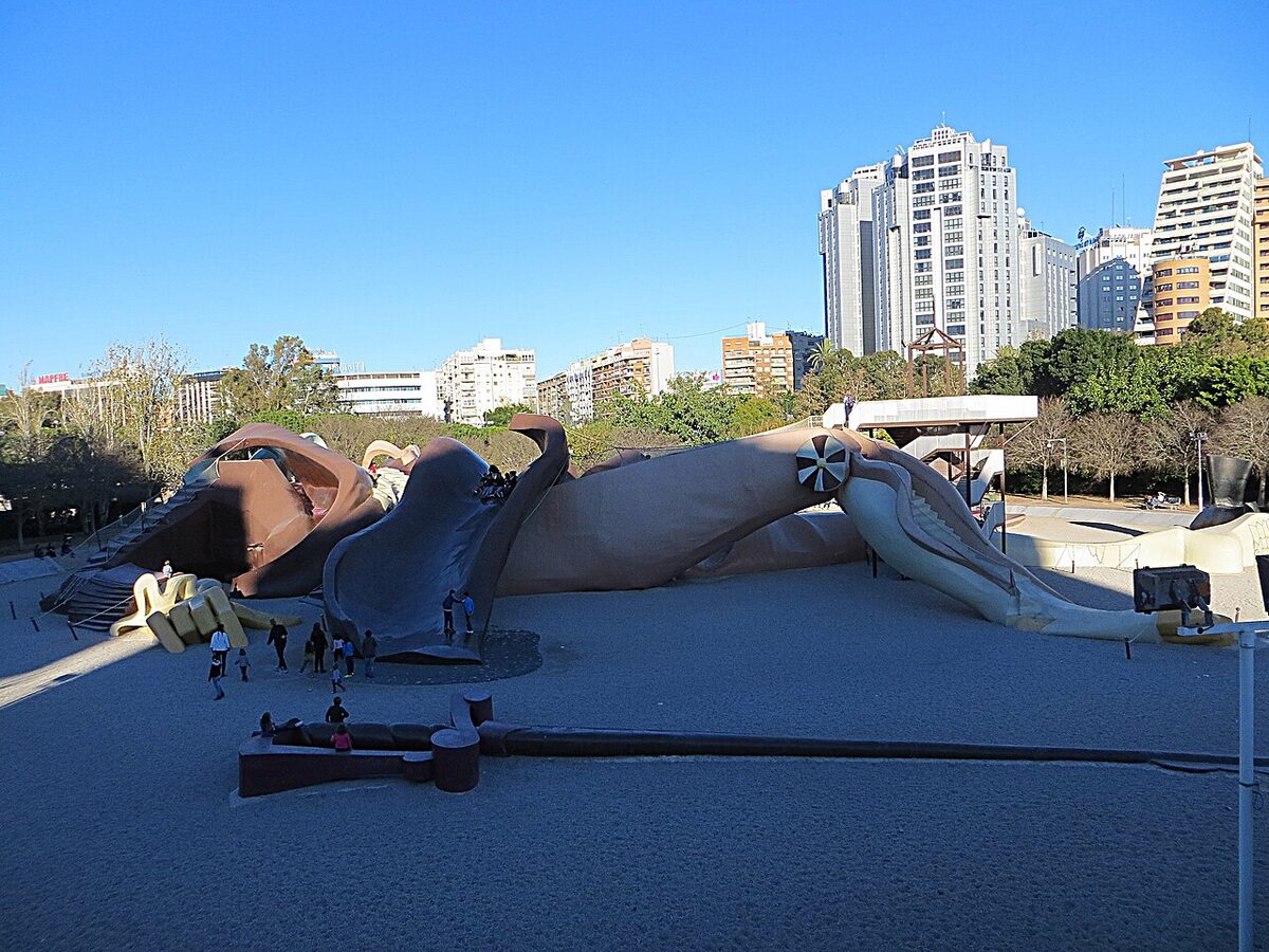 Giant Gulliver sculpture playground in Turia Gardens Valencia where children climb and slide