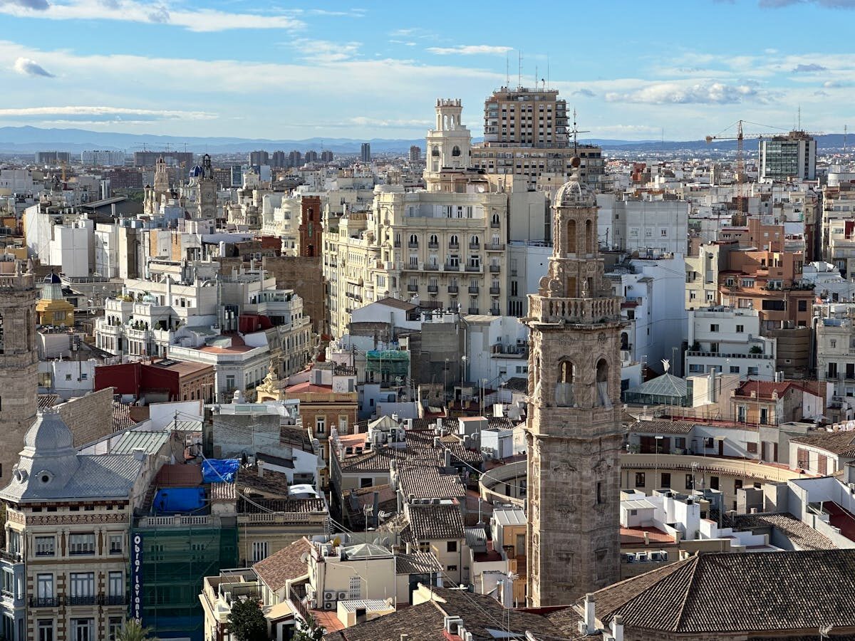 Aerial cityscape of Valencia Spain historic old town with church towers