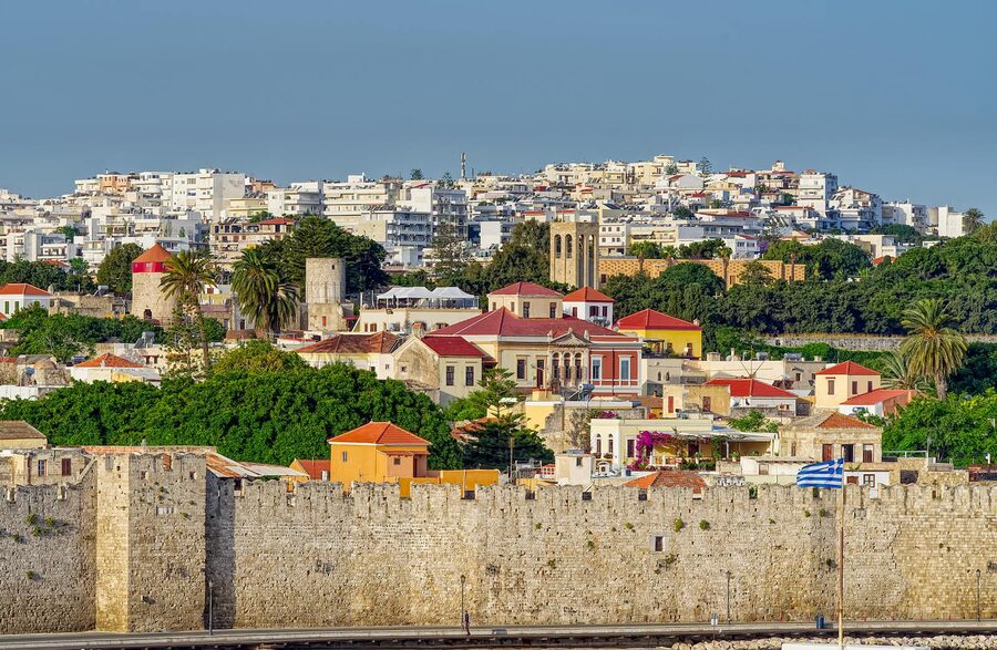 Colorful buildings and flagstone street in Rhodes Old Town