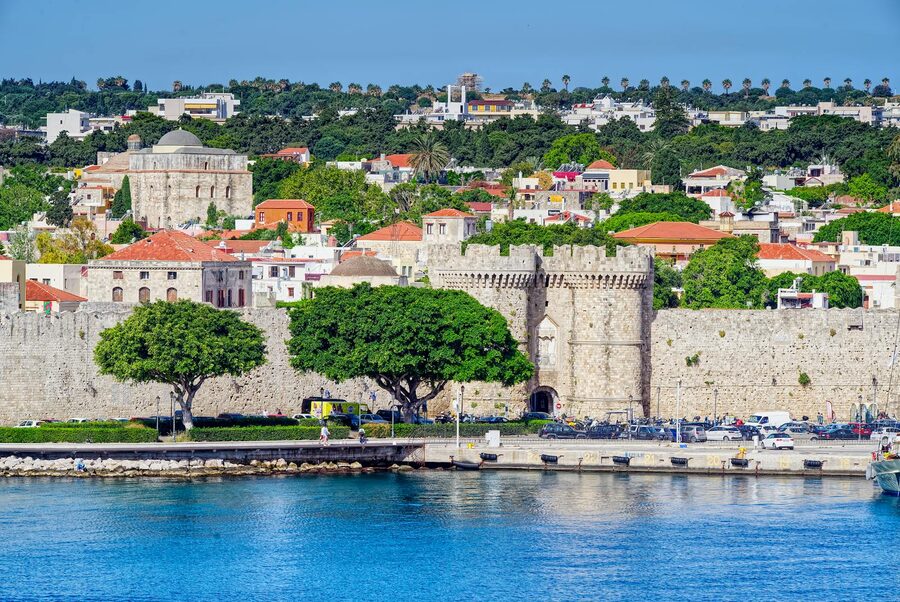 Historic fortress walls in Rhodes, Greece