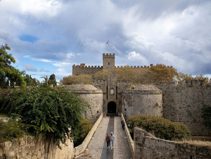 Medieval castle with stone walls and blue sky