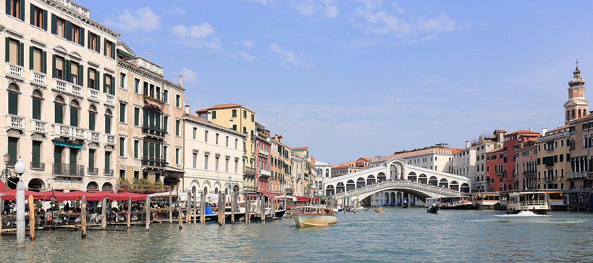 Panoramic view of the Grand Canal and Rialto Bridge in Venice