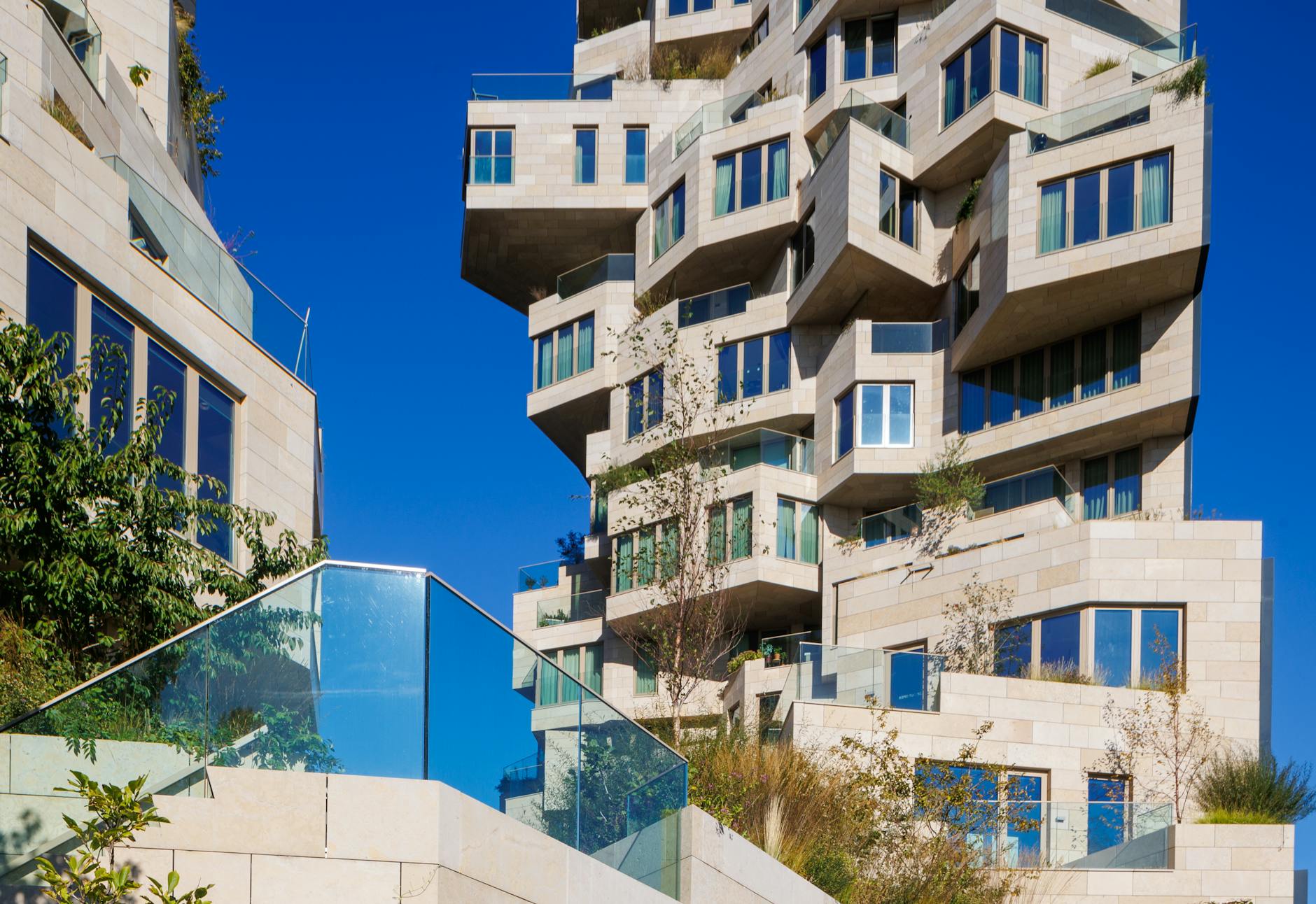 Modern architecture in Amsterdam with geometric glass patterns