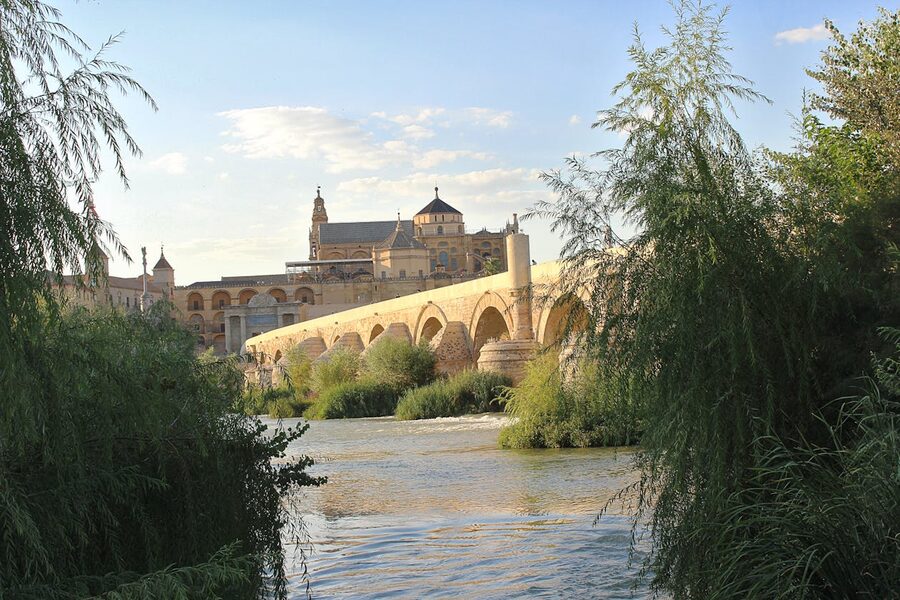 Daytime view of the Roman Bridge with the Mezquita in the background in Cordoba