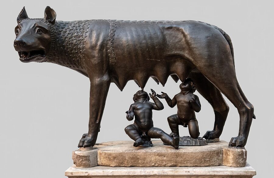 The Capitoline Wolf bronze sculpture showing the she-wolf nursing Romulus and Remus in Rome