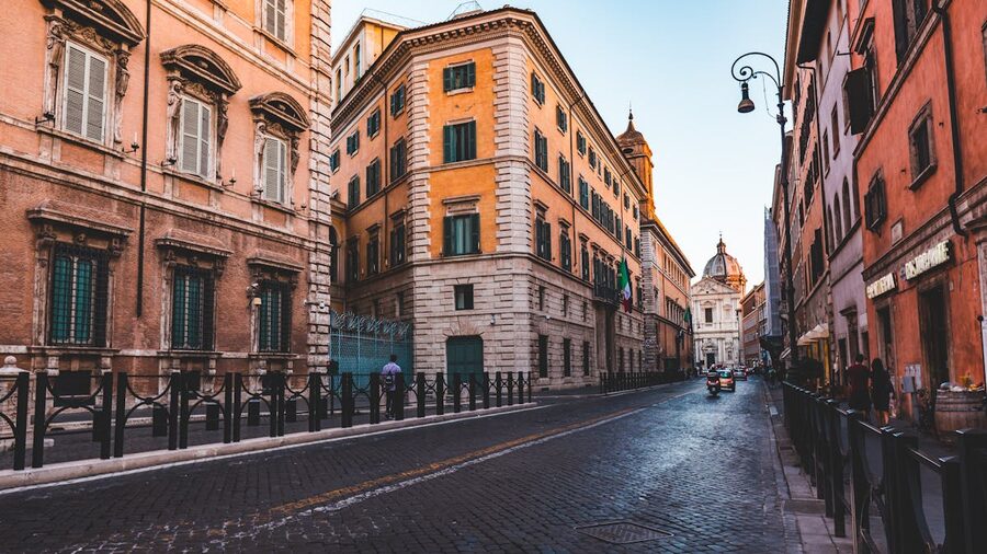 A classic Italian street scene in Rome showcasing traditional architecture
