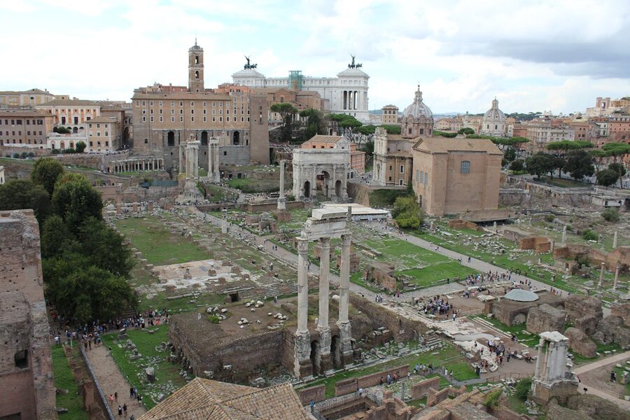 Aerial perspective of the Roman Forum ruins in Rome Italy