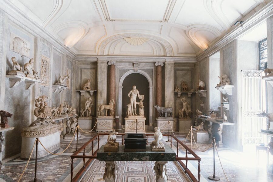 Elegant museum interior with classical artwork and architecture in Rome