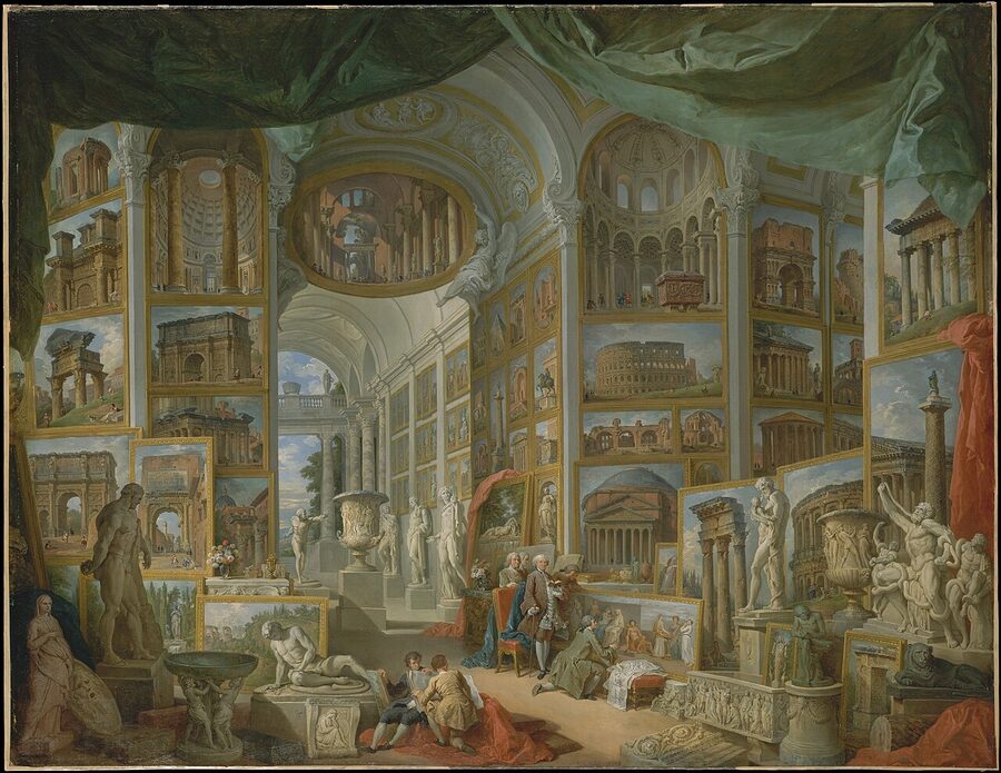 Ancient Rome gallery painting by Giovanni Paolo Panini showing classical Roman landmarks