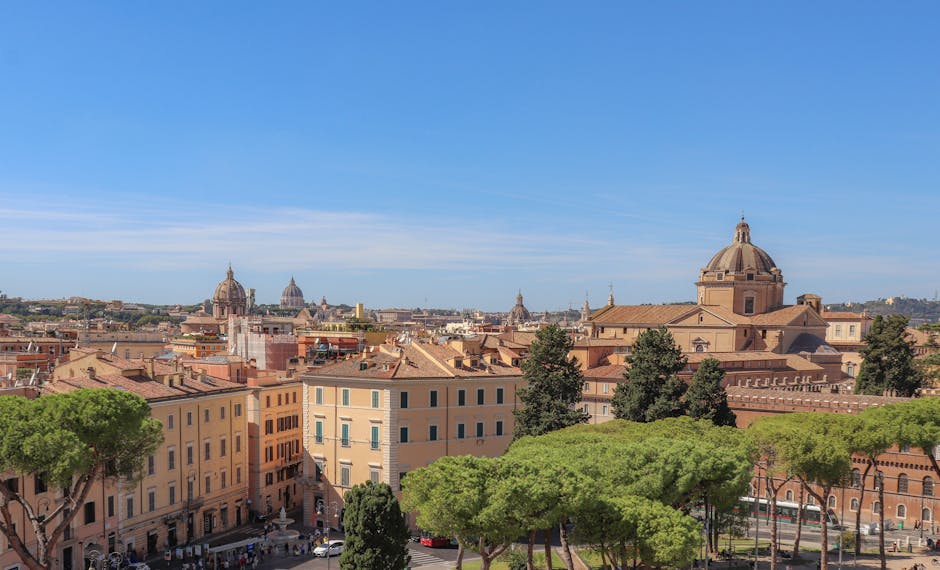 Wide panoramic view of Rome showing historic buildings and landmarks under a clear sky