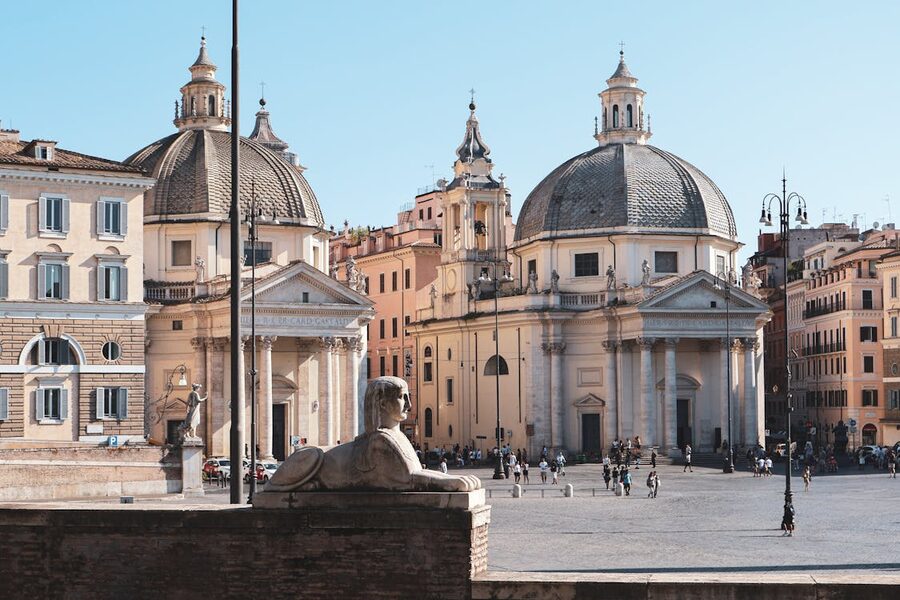 Beautiful view of Piazza del Popolo with its twin Baroque churches in Rome Italy