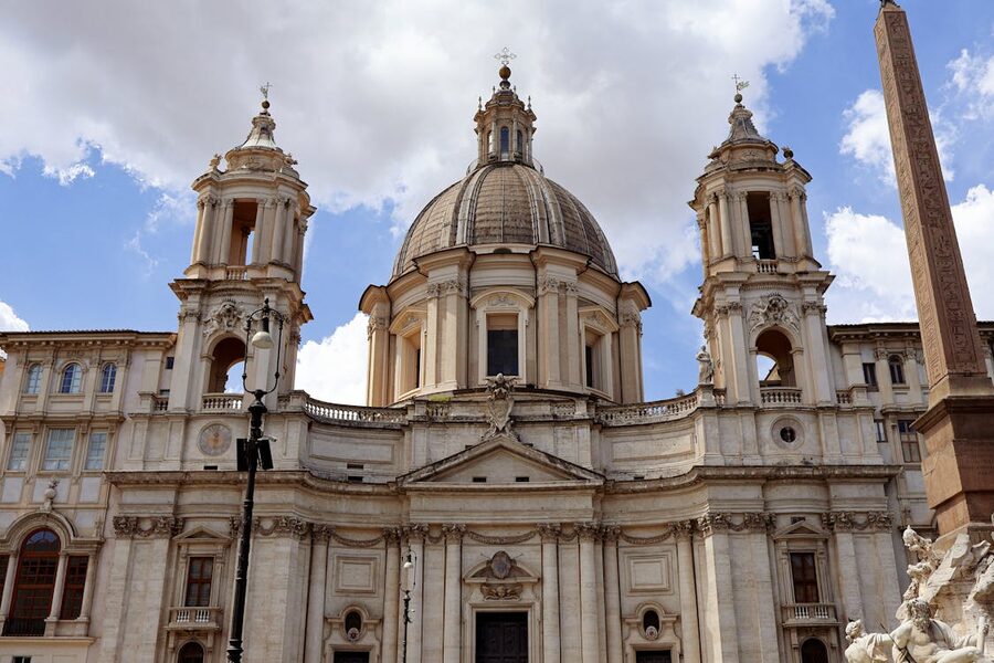The Baroque facade of Sant Agnese in Agone church facing Piazza Navona in Rome