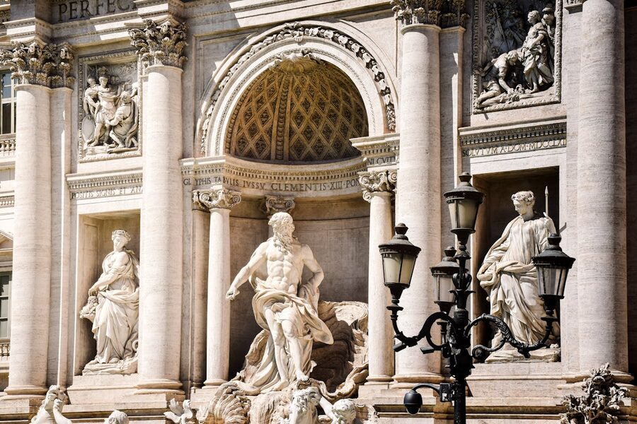 Close-up of Trevi Fountain baroque sculptures in Rome